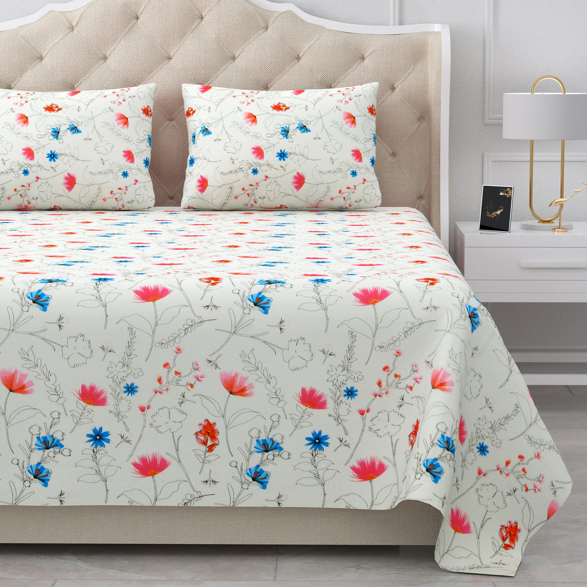 Double Bedsheet Set Cotton King Size with 2 Pillow Covers Floral Desig ...