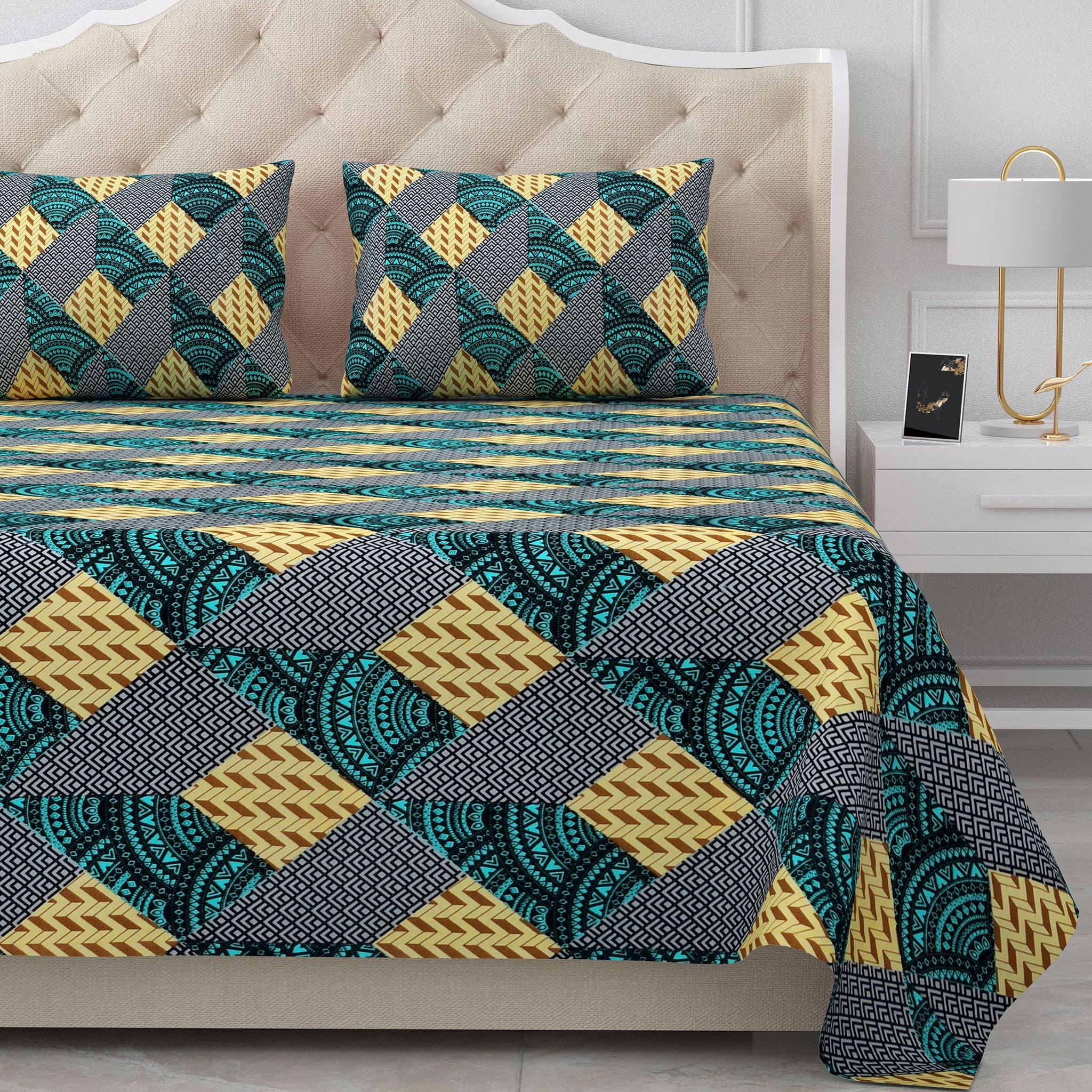 Double Bedsheet Set Cotton King Size with 2 Pillow Covers Geometrical ...